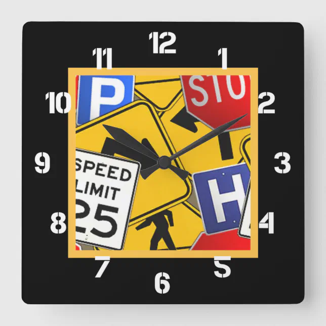 Colorful Traffic Signs Square Wall Clock | Zazzle