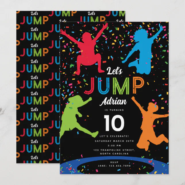 Colorful Trampoline Park Jump Kids Birthday Party Invitation | Zazzle