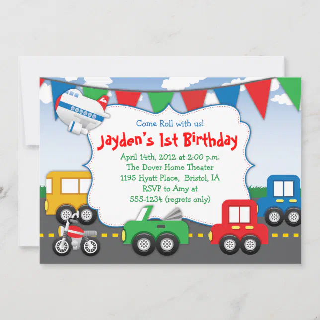 Colorful Transportation Themed Party Invitation | Zazzle