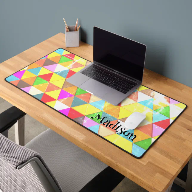 Colorful triangle retro geometry pattern Monogram Desk Mat | Zazzle