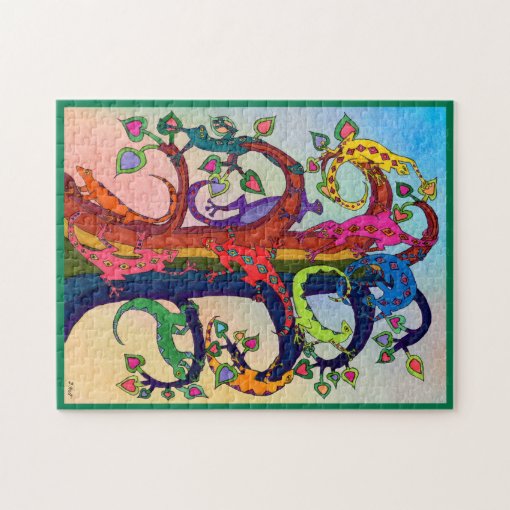 Colorful Tropical Gecko Lizard Watercolor Folk Art Jigsaw Puzzle | Zazzle