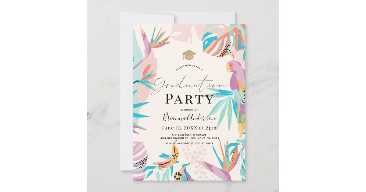 Colorful Tropical leaves Parrot Graduation Invitation | Zazzle