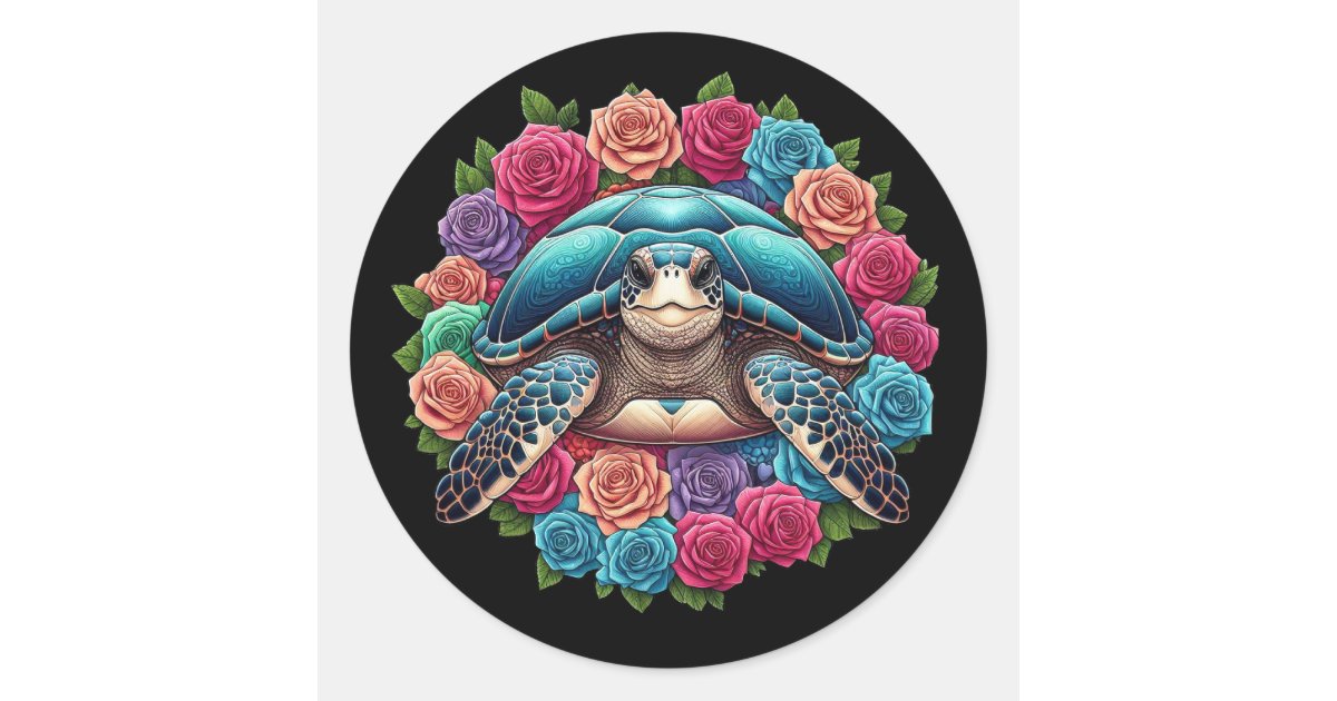 Colorful Turtle Illustration Surrounded by Roses Classic Round Sticker ...