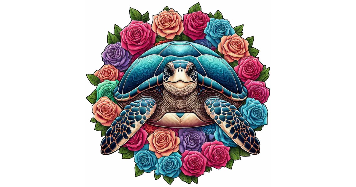 Colorful Turtle Illustration Surrounded by Roses Cutout | Zazzle
