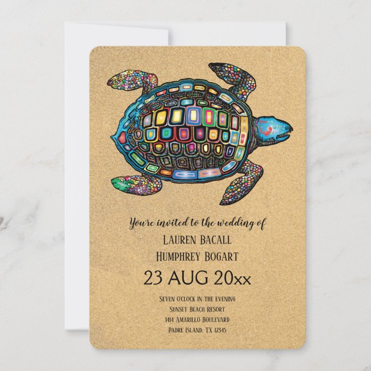 Colorful Turtle Sandy Beach Wedding Invitation | Zazzle