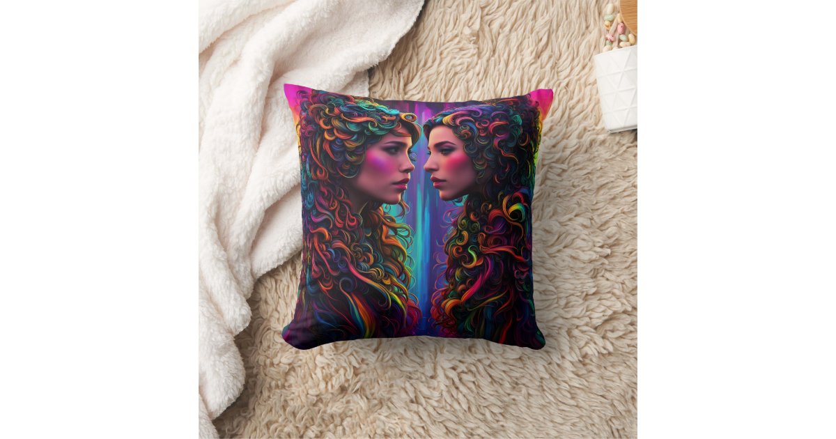 Colorful Twin Portraits With Curly Hair Design Throw Pillow | Zazzle