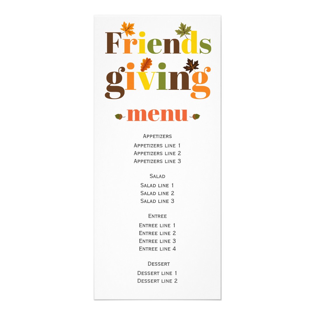 Colorful typography Friendsgiving menu card | Zazzle