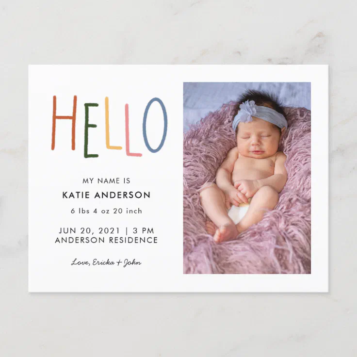 Colorful Typography Hello Birth Announcement | Zazzle