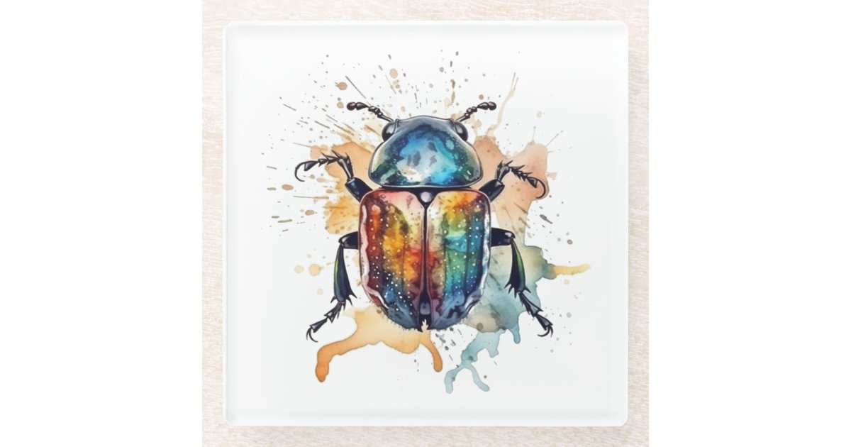 colorful vibrant scarab in watercolor glass coaster | Zazzle