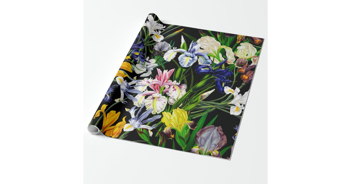 Colorful Victorian Iris Flowers on Black Pattern Wrapping Paper | Zazzle