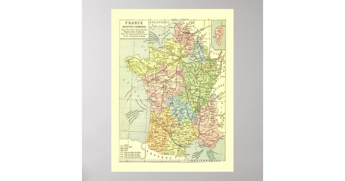 Colorful Vintage Map of France Poster | Zazzle