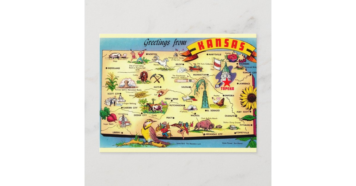 "Colorful Vintage Map of Kansas Postcard | Zazzle