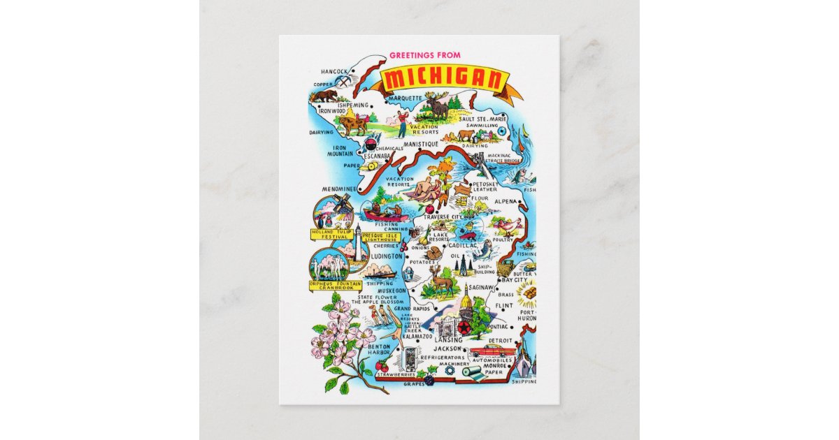 Colorful Vintage Michigan Map Postcard | Zazzle