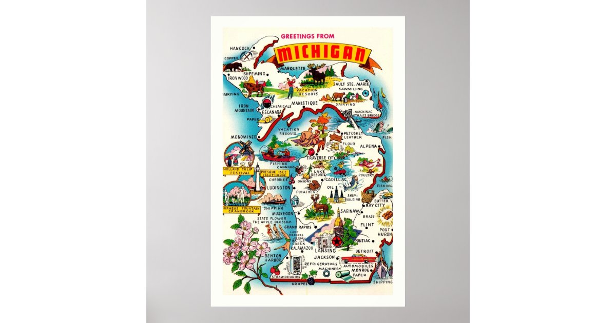 Colorful Vintage Michigan Map Poster Print | Zazzle