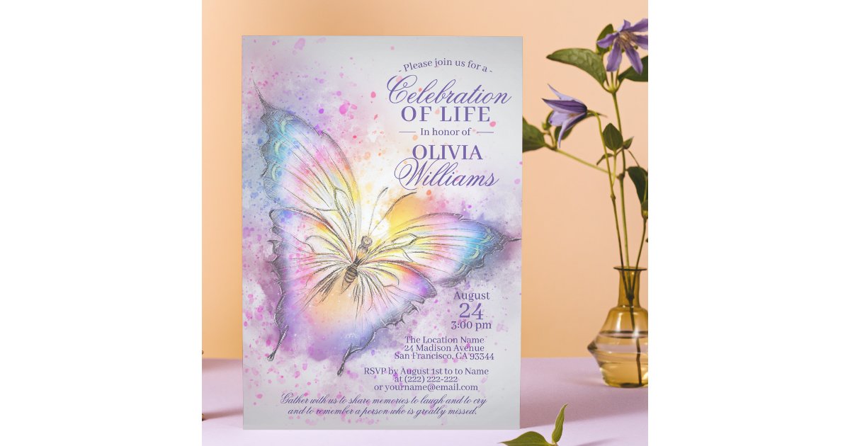 Colorful Watercolor Butterfly Celebration of Life Invitation | Zazzle