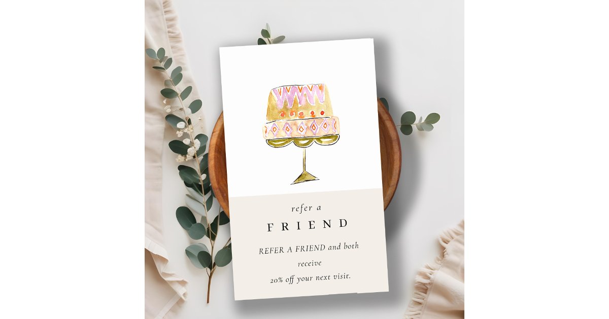 Colorful Watercolor Cake Bakery Refer a Friend Business Card | Zazzle