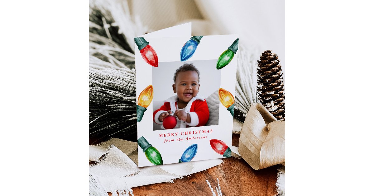Colorful Watercolor Christmas Lights 3 Photo Holiday Card | Zazzle