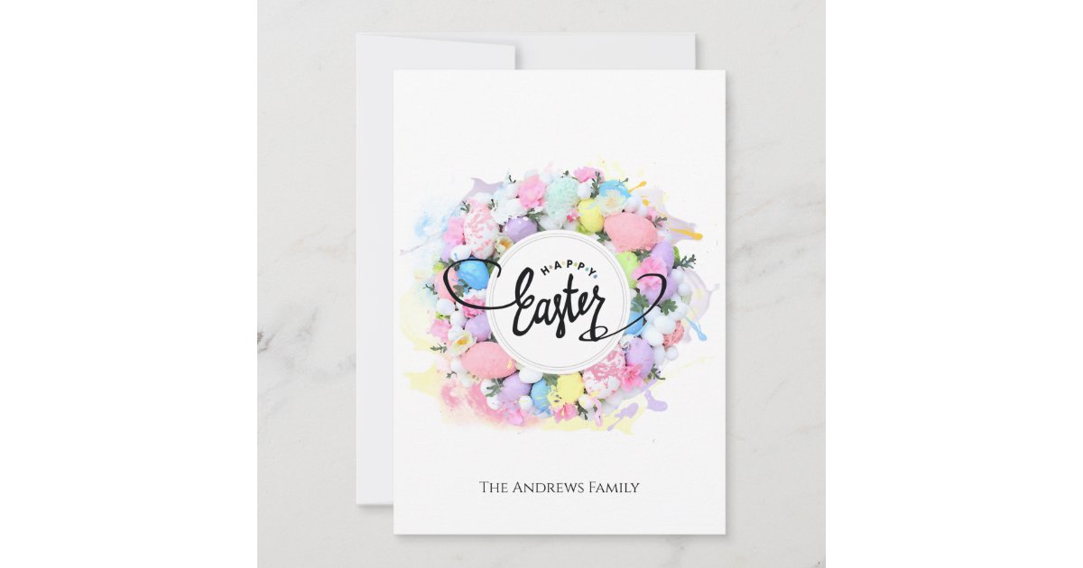 Colorful Watercolor Easter Wreath Calligraphy Holiday Card | Zazzle