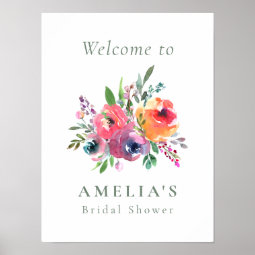 Colorful Watercolor Floral Bridal Shower Welcome Poster | Zazzle