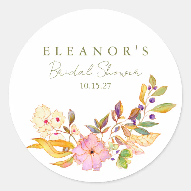 Colorful Watercolor Floral Brunch Bubbly Shower Classic Round Sticker ...