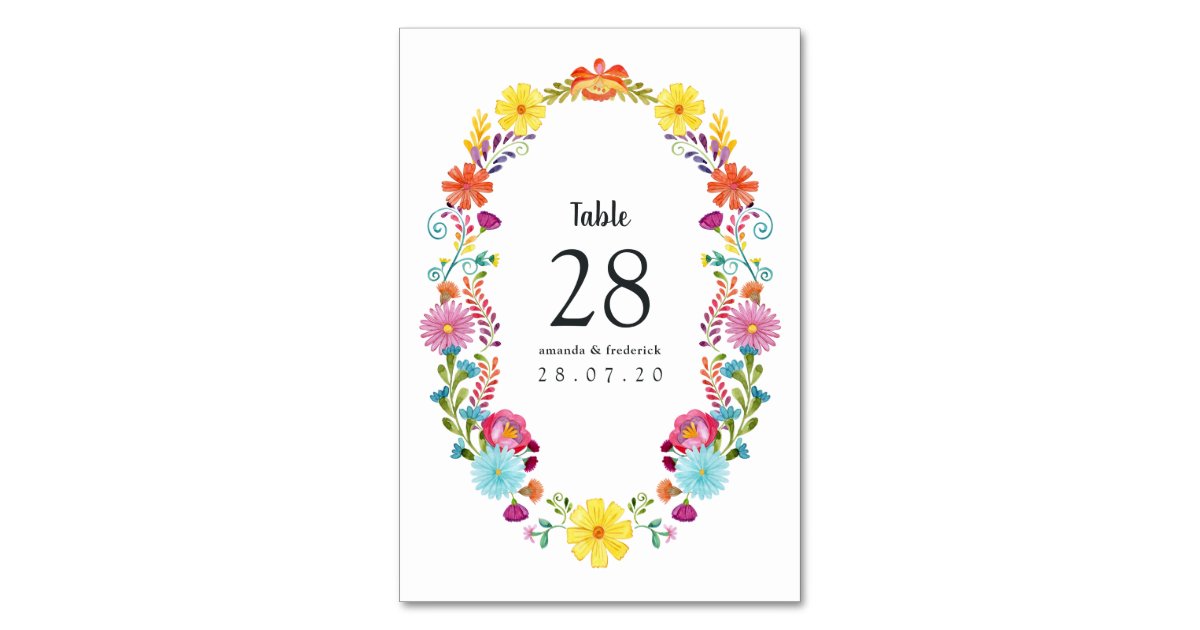 Colorful Watercolor Floral Mexican Fiesta Wedding Table Number | Zazzle