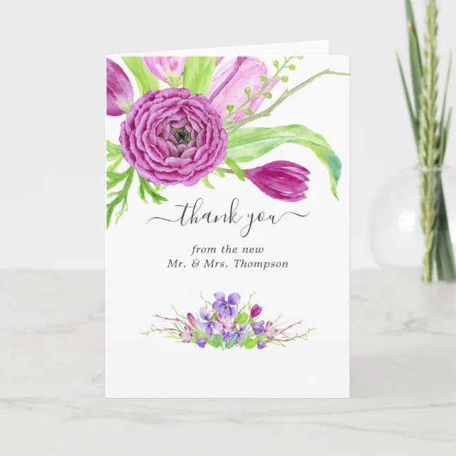Colorful Watercolor Floral Spring Wedding Photo Thank You Card | Zazzle