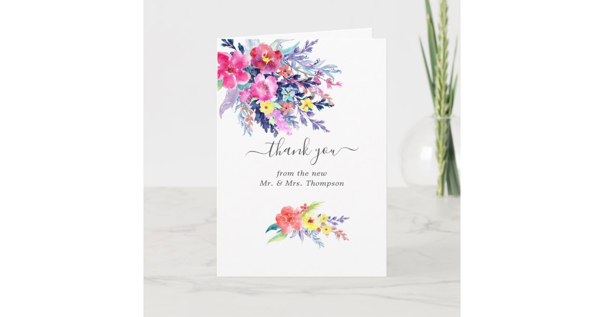Colorful Watercolor Floral Spring Wedding Photo Thank You Card | Zazzle