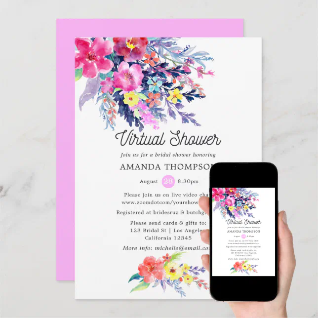 Colorful Watercolor Floral Virtual Bridal Shower Invitation | Zazzle