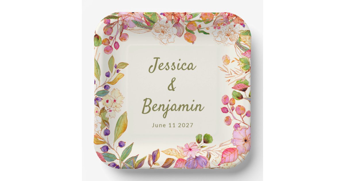 Colorful Watercolor Floral Wedding Custom Name Paper Plates | Zazzle