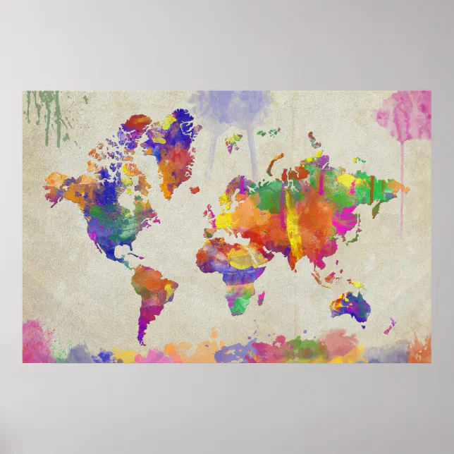 Colorful Watercolor Paint Drips World Map Poster | Zazzle