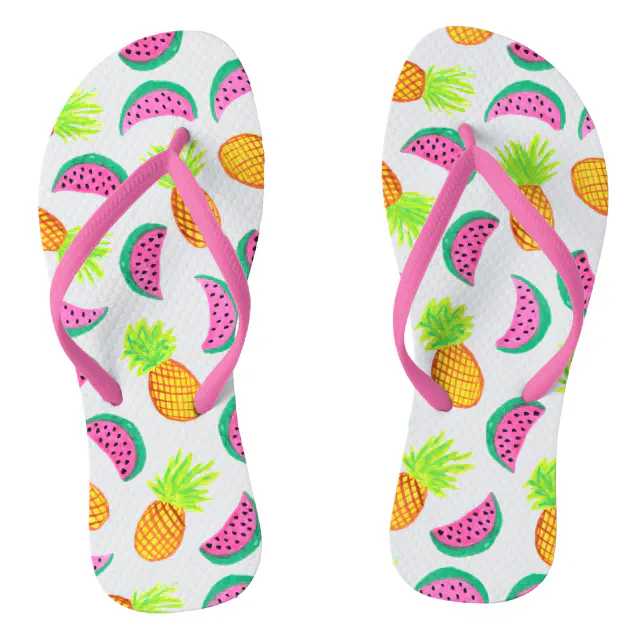 colorful watercolor pineapple watermelon pattern flip flops | Zazzle