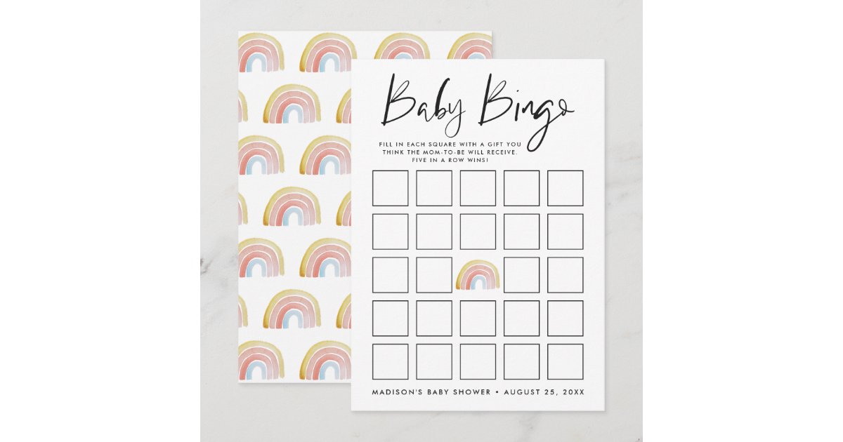Colorful Watercolor Rainbow Baby Shower Bingo Card | Zazzle