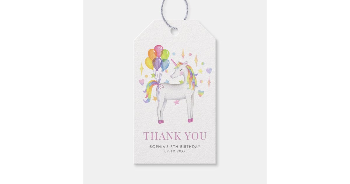 Colorful Watercolor Rainbow Unicorn Birthday Gift Tags | Zazzle