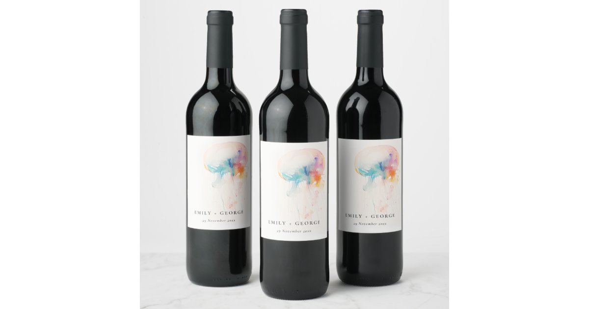 Colorful Watercolor Underwater Jellyfish Wedding Wine Label | Zazzle