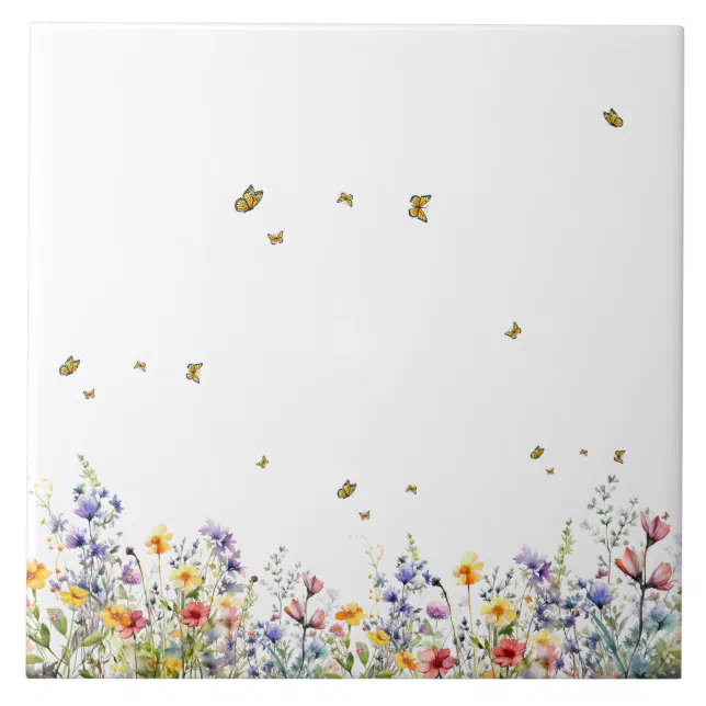 Colorful Watercolor Wildflower with Butterfly Ceramic Tile | Zazzle