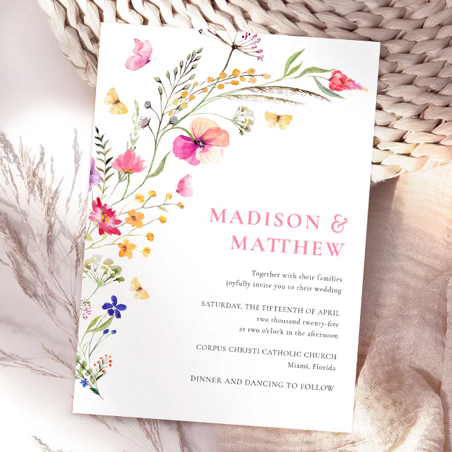 Colorful Watercolor Wildflowers Wedding Invitation | Zazzle