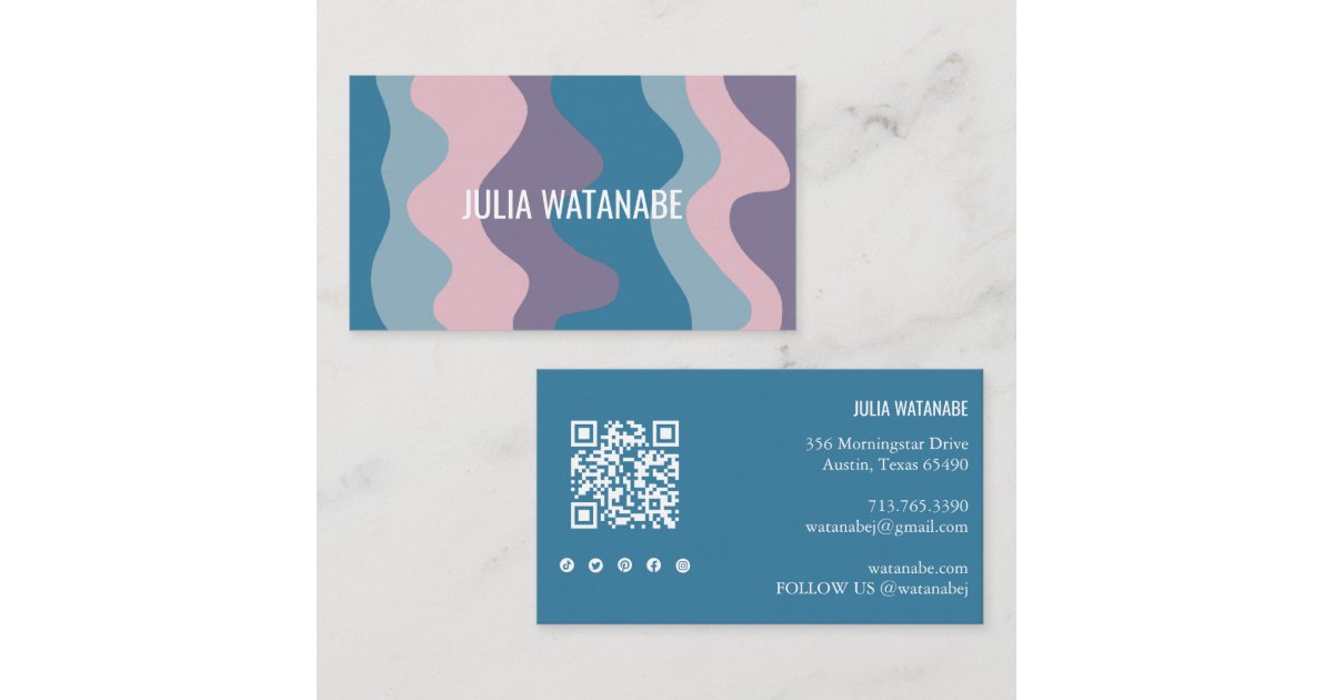 Colorful Waves Stripes QR Code Social Media Chic Business Card | Zazzle