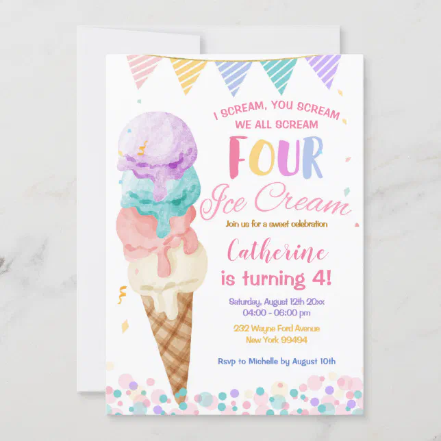Colorful We Scream Four Ice Cream Fourth Birthday Invitation | Zazzle