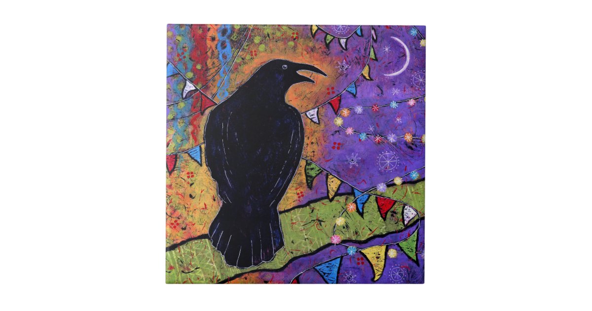 Colorful Whimsical Raven Laughing Ceramic Tile | Zazzle