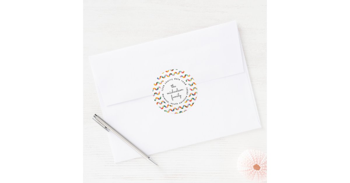 Colorful Wiggle Stripe Address Classic Round Sticker | Zazzle
