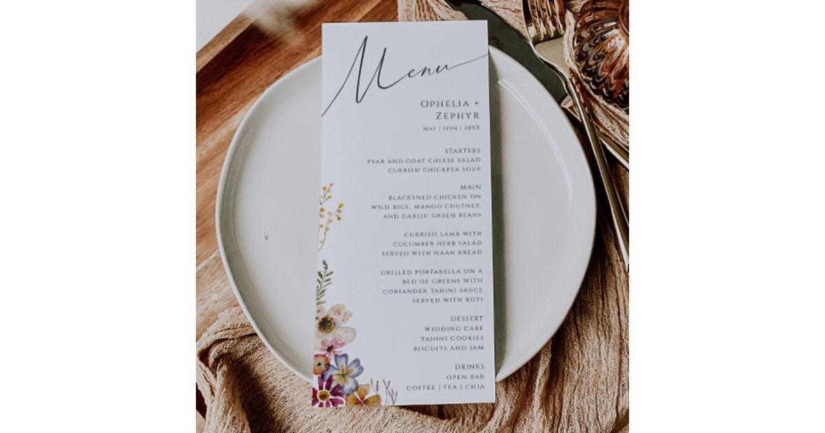 Colorful Wildflower | Garden Wedding Dinner Menu | Zazzle