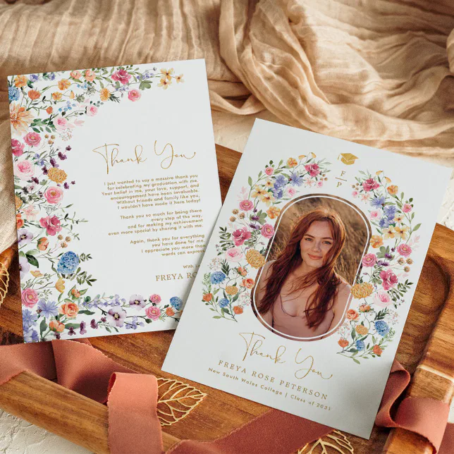 Colorful Wildflower Graduation Photo Thank You Card | Zazzle