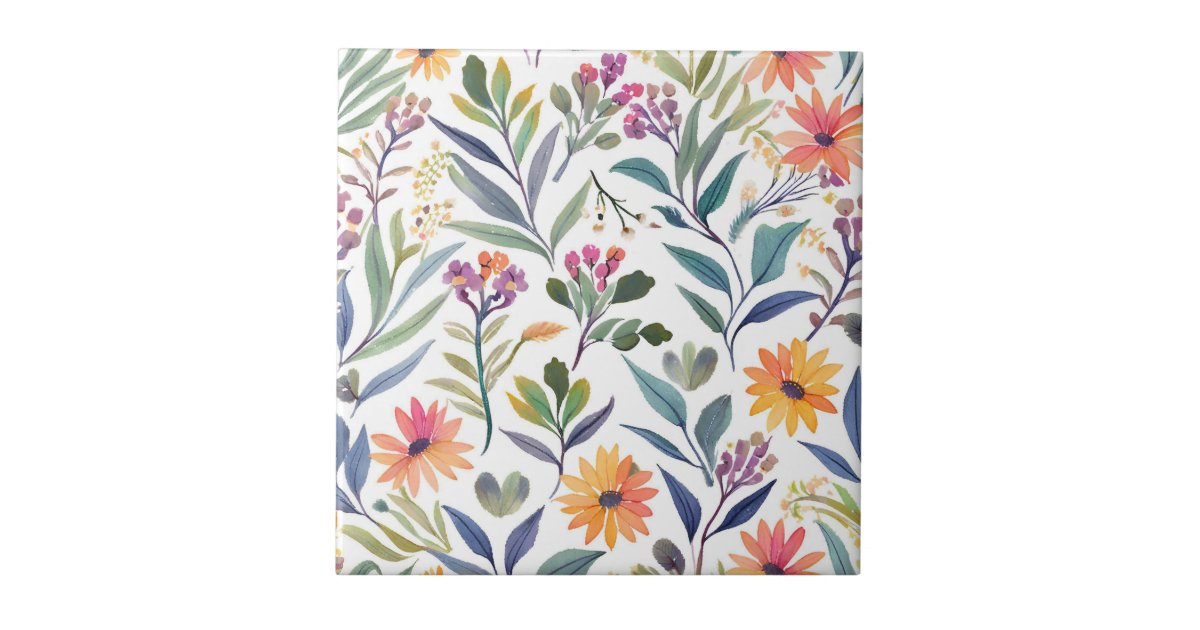 Colorful Wildflowers | Beautiful Floral Watercolor Ceramic Tile | Zazzle