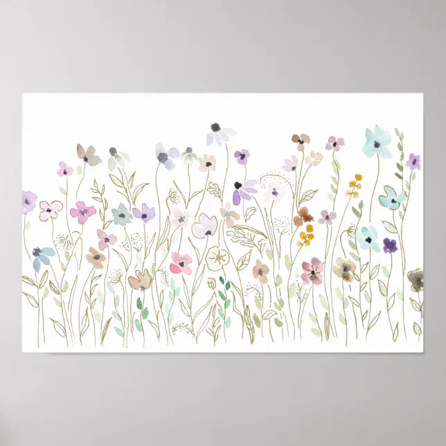 colorful wildflowers golden ink and watercolor poster | Zazzle