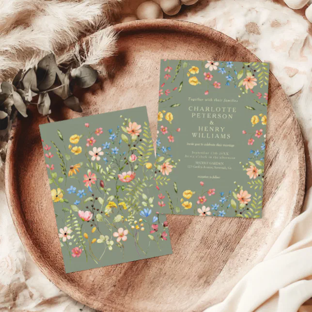 Colorful Wildflowers Sage & Yellow Garden Wedding Invitation | Zazzle