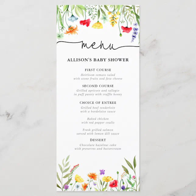 Colorful wildflowers spring baby shower menu | Zazzle