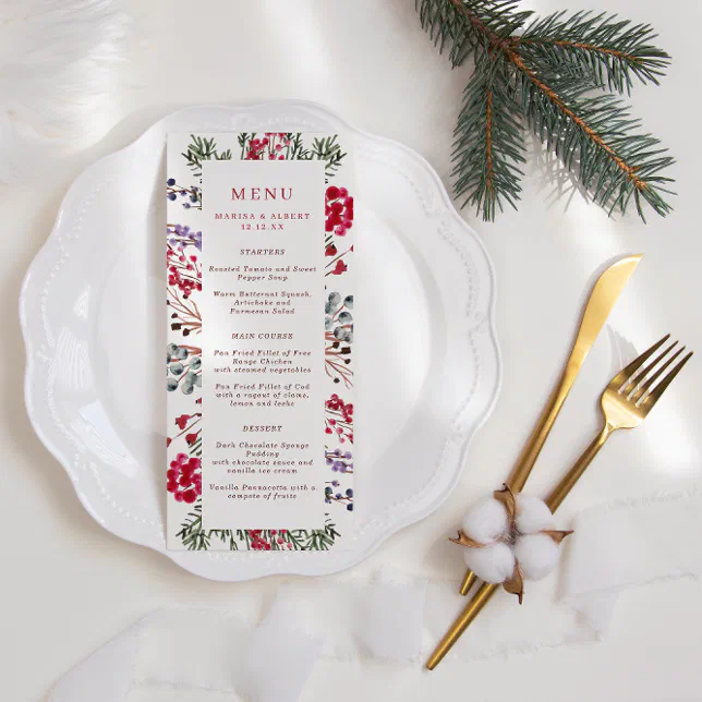 Colorful Winter Berries Frame Wedding Menu | Zazzle