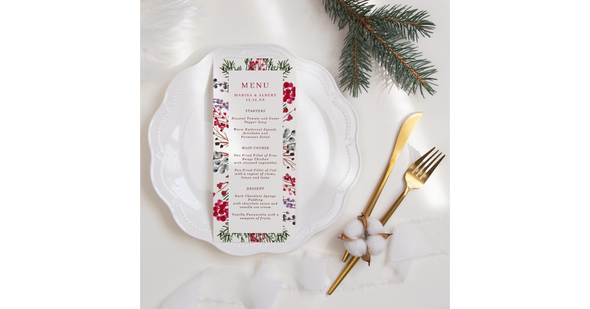 Colorful Winter Berries Frame Wedding Menu | Zazzle
