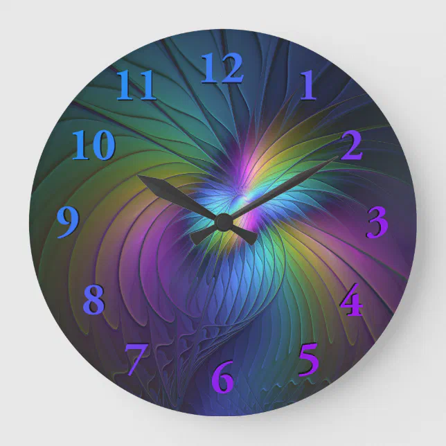 Colorful With Blue Modern Abstract Fractal Art Large Clock | Zazzle
