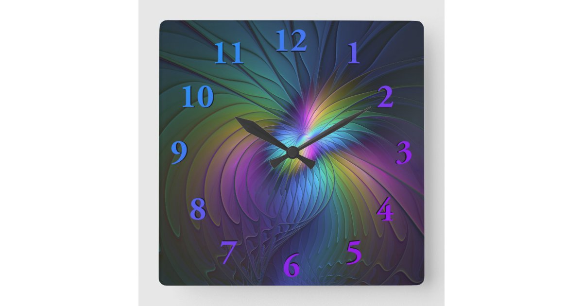 Colorful With Blue Modern Abstract Fractal Art Square Wall Clock | Zazzle